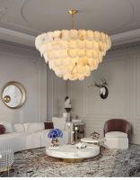 China Trendy Marble Series Chrome Gold LED High Ceiling Chandelier Alabaster Shell Brass Chandelier (WH-MI-488) for sale