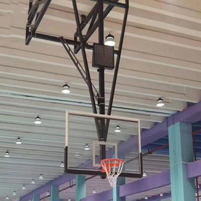 China Electric Folding Suspended Basketball Hoop with 1800x1050mm Tempered Glass Backboard and 450mm Steel Rim for sale