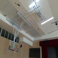 China Electric Folding Suspended Basketball Stand 1800mm x 1050mm with Tempered Glass Backboard and Wireless Remote Control for sale