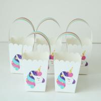 China 250gsm Whitecard Unicorn Flat Candy Paper Bag With Rainbow Handle for sale