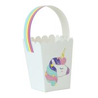 China 250gsm Whitecard Unicorn Flat Candy Paper Bag With Rainbow Handle for sale