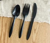 China Plastic Sleeve Cutlery Set Customized Logo Buffets PS Disposable Spoon Fork and Knife for sale