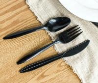 China Plastic Sleeve Cutlery Set Customized Logo Buffets PS Disposable Spoon Fork and Knife for sale