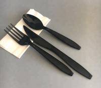 China Wrapped Plastic Cutlery Pack with Choice Heavy Weight Black Silverware set and Napkin for sale