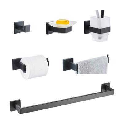 China Modern Square 6 Piece Bathroom Hardware Kits Matte Black Towel Bar Set for sale