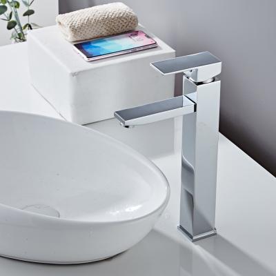 China Brass Single Hole Vessel Sink Faucet Square Handle In Chrome for sale
