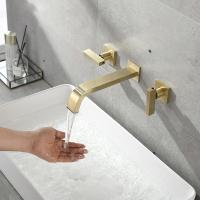 China Gold 8 Inch Widespread Wall Mount Bathroom Faucet 2 Handle Brass 1.2 GPM for sale