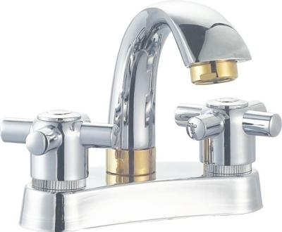 China Brass Low Arc Centerset Bathroom Faucet Two Handle Deck Mounted for sale