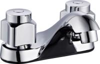 China Brass 4 in Centerset 2 Handle Low Arc Bathroom Faucet Chrome Drip Free Ceramic Cartridge 1.2 GPM for sale