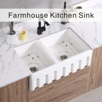 China 33 Inch Double Bowls Farmhouse Kitchen Sink Fireclay Country Style Apron Front 10 Inch Depth for sale