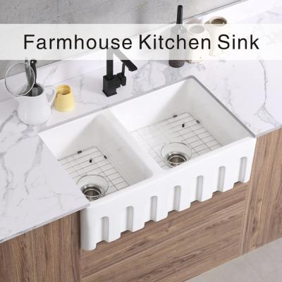 China 33 Inch Double Bowls Farmhouse Kitchen Sink Fireclay Country Style Apron Front 10 Inch Depth for sale