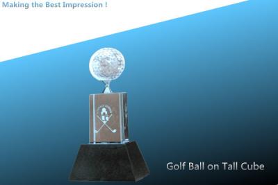 China glass trophy/crystal awards/decoration made of glass/golf ball on tall cube award for sale