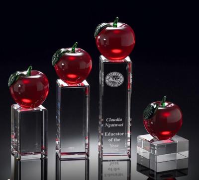 China educators merit crystal apple award/crystal red apple on rectangle base award for sale