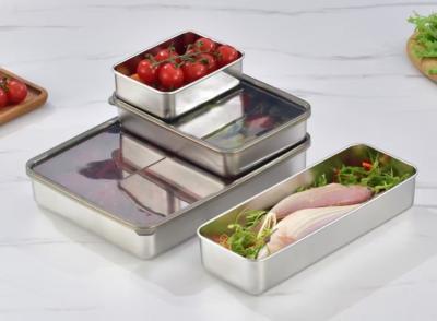 China Stainless Steel Fresh-Keeping Box with Lid, Square Tray, Refrigerator Storage Container, Steamed Fish & Grilled Fish Plate, Barbecue & Cold Dish Plate for sale