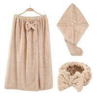 China Upgrade Your Bathroom with Coral Velvet Bath Towel Set Enlarged Bra Bath Skirt Hair Band and Dry Hair Cap for sale