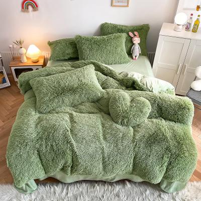 China Ins Moss Green Luxury Shaggy Warm Mink Velvet Crystal Bedding Set for Winter Bed Linen for sale