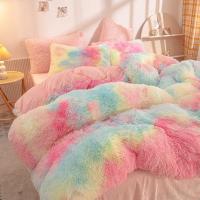 China Rainbow Color Faux Fur Velvet Fluffy Plush Bedding Set for Modern Home and Decoration for sale