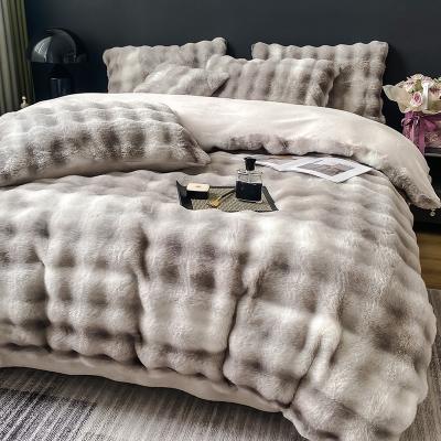 China 2024 Winter Super Soft Ultra Warm Double-side Mink Rabbit Fur Velvet Fluffy Plush Bedding Sheet Set 4 Pieces for sale