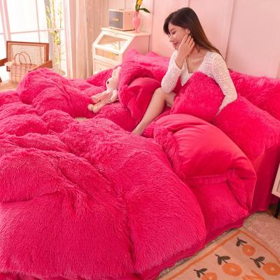 China Customizable Modern Style Rainbow Color Faux Fur Velvet Fluffy Plush Soft Bedding Set for sale