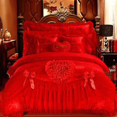 China Hotel Wedding Essential 100% Cotton Velvet Lace Bedding Set with Fitted Skirt Sheets for sale