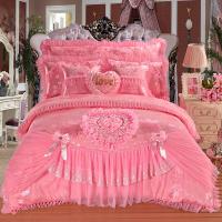 China Hotel Wedding Essential 100% Cotton Velvet Lace Bedding Set with Fitted Skirt Sheets for sale