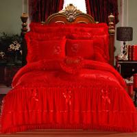 China Hotel Wedding Essential 100% Cotton Velvet Lace Bedding Set with Fitted Skirt Sheets for sale