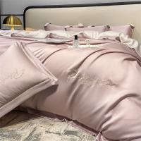 China Solid Color Light Luxury Washed Silk Embroidery 4 Pcs Bedding Set with Fitted Sheet for sale