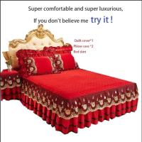 China Sanding European Winter Bedding Set Embroidery Luxury Sheet Lace Bed Skirt Cover for sale