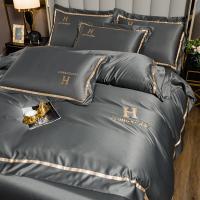 China Hotel Red Wedding Cozy Gray Solid Color Embroidery 60s Washed Silk Four Piece Bedding Set for sale