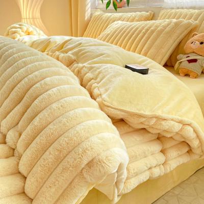 China YARN DYED Rabbit Faux Fur Fluffy Plush Warm Duvet Cover Set Four-piece Bedding Set for sale