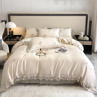 China All-Season White Silk Queen King Size Bedding Set with Handmade Embroidery Lace Side for sale