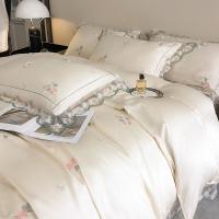 China All-Season White Silk Queen King Size Bedding Set with Handmade Embroidery Lace Side for sale