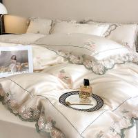 China All-Season White Silk Queen King Size Bedding Set with Handmade Embroidery Lace Side for sale