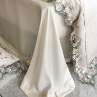 China All-Season White Silk Queen King Size Bedding Set with Handmade Embroidery Lace Side for sale