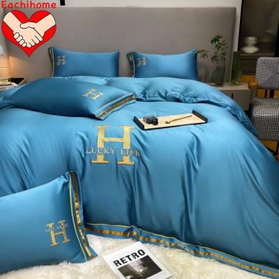 China Customized HOT SEAL H Embroidered Washed Silk Four Pieces Bedding Set for All-Season for sale