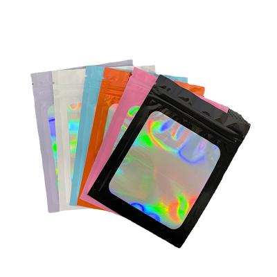 China Smell Proof Food Mylar Resealable Holographic Pouch Bag With Clear Window for sale