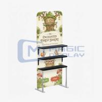 China Portable Freestanding Tension Fabric Display Stand 3x7.5ft with Wooden Shelf for sale