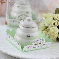 China Wholesale White Empty Honey Jar Ceramic Honey Pot with wooden dipper for honey storage for sale
