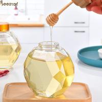 China 380ML Glass Honey Hexagon Jar With Wooden Cover And Wooden Splash Bar for sale