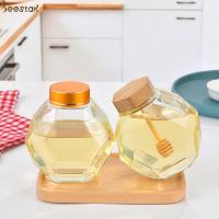 China 380ML Glass Honey Hexagon Jar With Wooden Cover And Wooden Splash Bar for sale