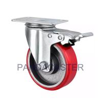 China 4 Inch Medium Duty Red Polyurethane Tread Iron Core Swivel Total Brake Caster for sale
