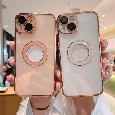 China Luxury diamond cutout metal plating frame transparent TPU phone case for iPhone 13 12 11 phone case with lens filmPopula for sale