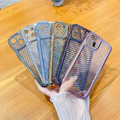 China Luxury Carbon Fiber Texture Plating TPU Transparent phone Case for iPhone 14 13 12 Pro Max Shockproof Cover for sale