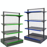 China Metallic Mesh Back Gondola Shelving Cold Rolled Steel Rack Supermarket Shelf for sale