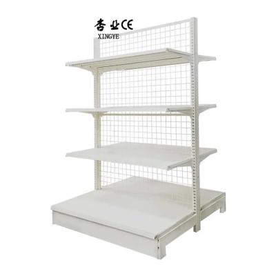 China Double Sided Mesh Back Gondola Shelving White Net Supermarket Rack for sale