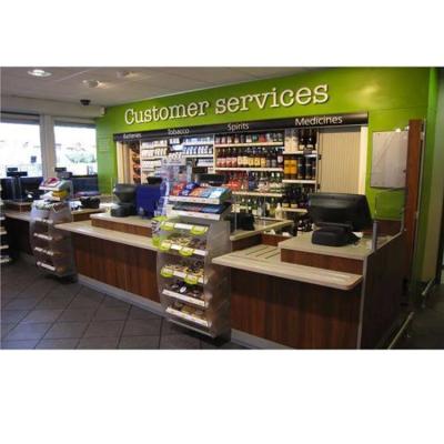 China Factory customization check out counter with shelves for sale