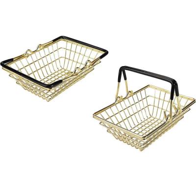 China Portable Cute Storage Basket Mini Metal Gold Shopping Basket with Handles for sale