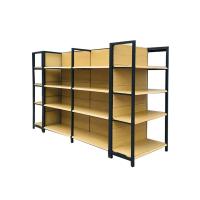 China Wood Grain Supermarket Gondola Shelf Heavy Duty Cold-rolled Steel Goods Display for sale
