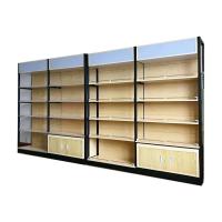 China Wood Grain Supermarket Gondola Shelf Heavy Duty Cold-rolled Steel Goods Display for sale