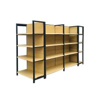 China Wood Grain Supermarket Gondola Shelf Heavy Duty Cold-rolled Steel Goods Display for sale